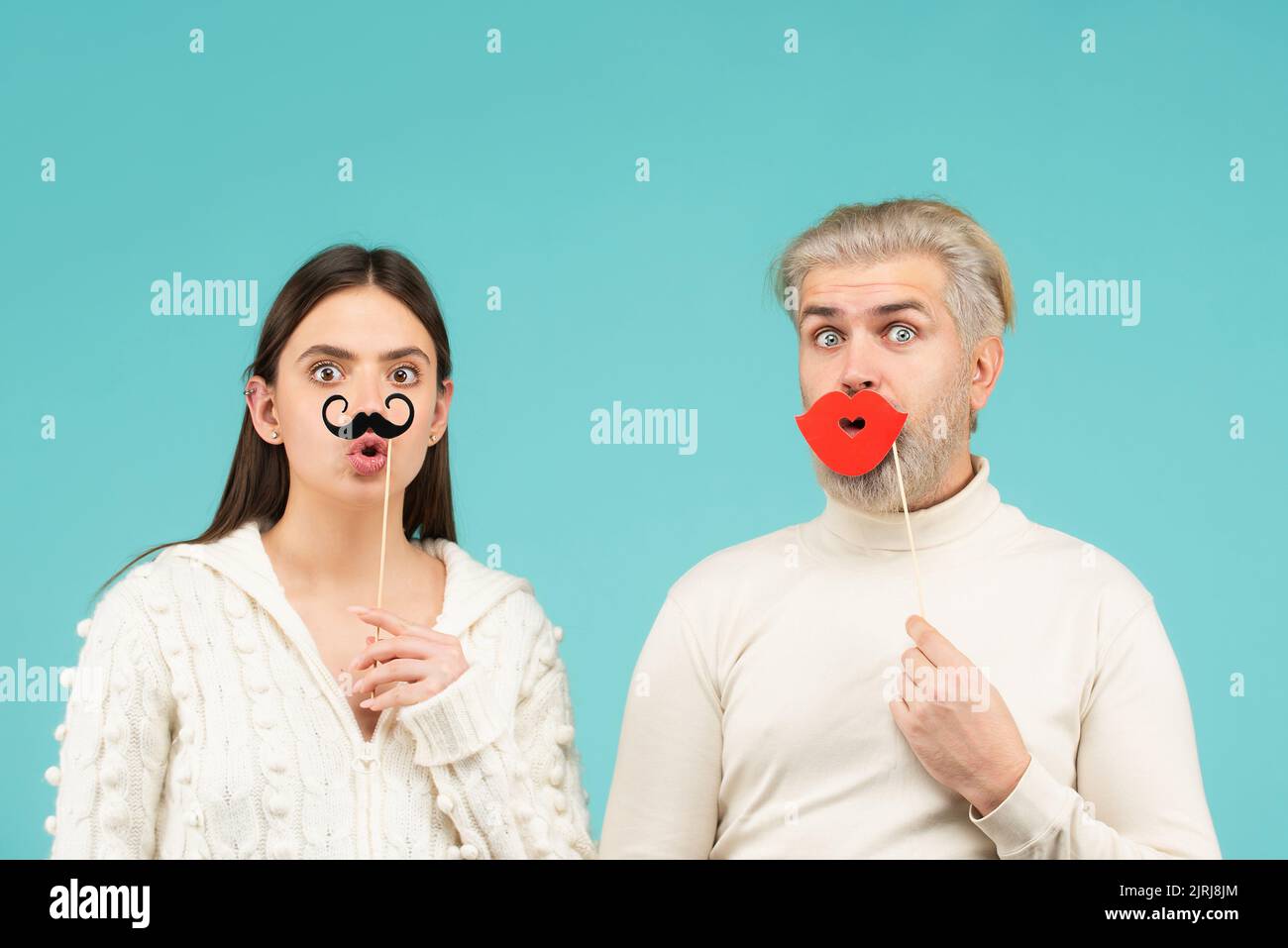 Woman with moustache and man with red lips. Transgender gender identity ...
