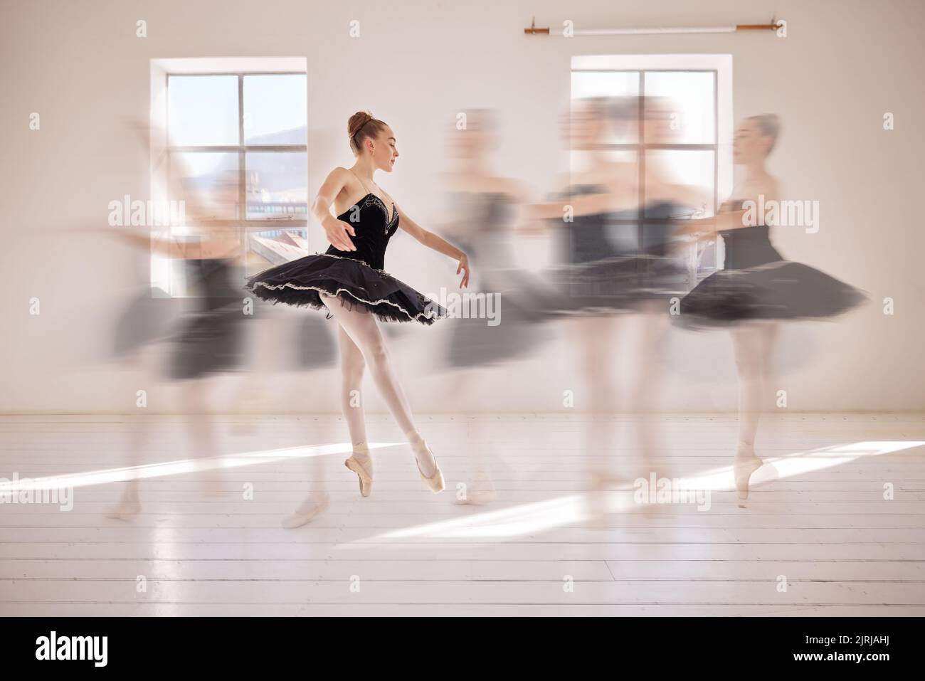 Ballet, dance student and movement of dancing woman in practice ...