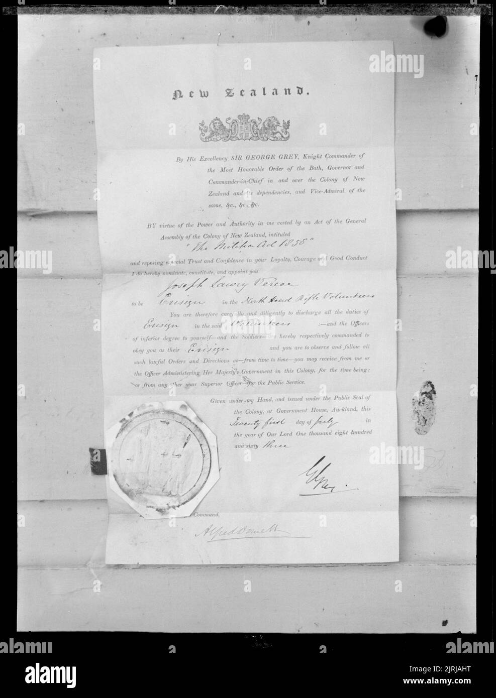 Certificate bestowing the rank of Ensign onto JL Vercoe of the North ...