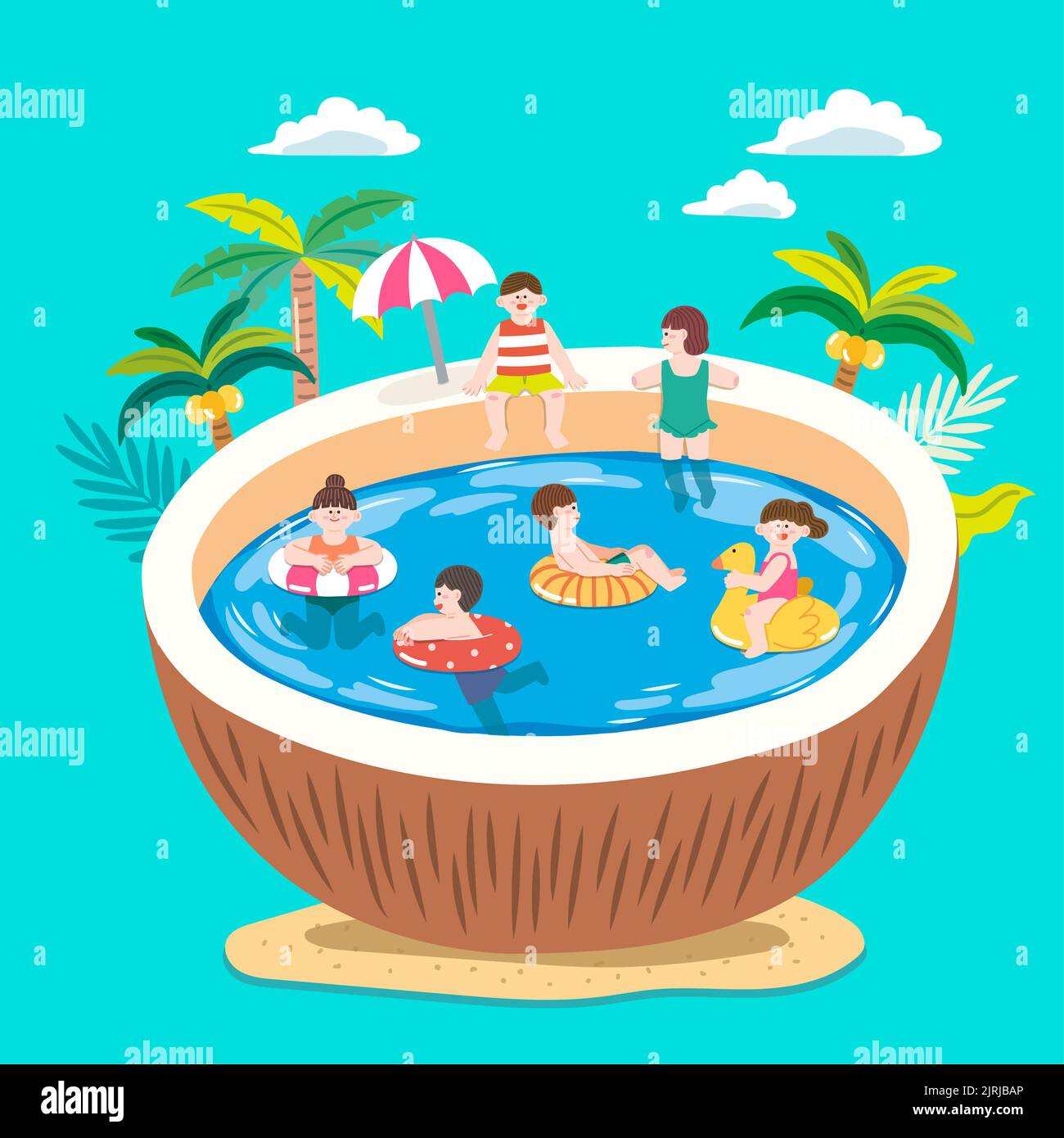 cute summer drawing poster with little people playing in coconut pool ...