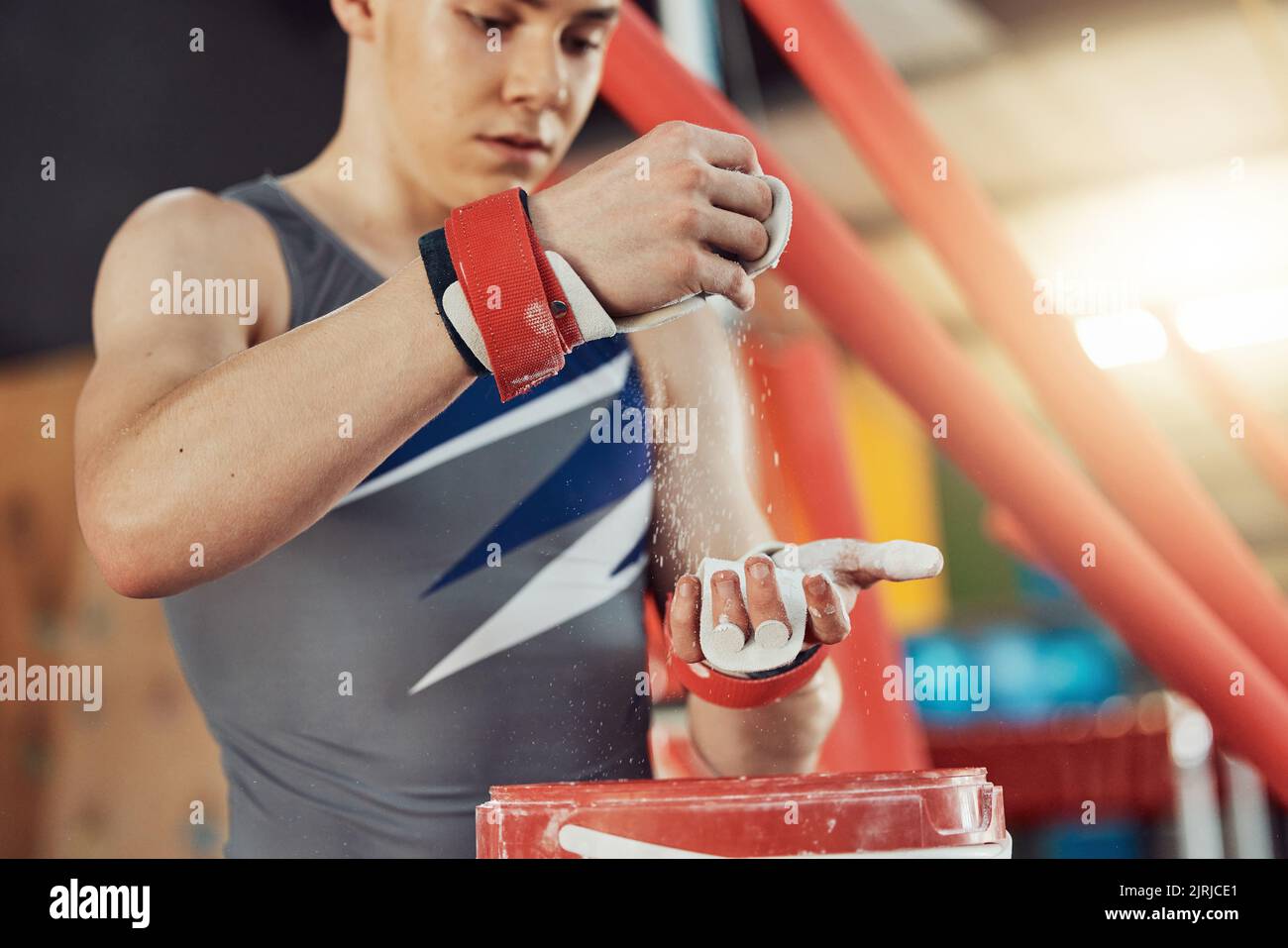 Gym chalk, gymnast man and sports workout goal, fitness or exercise to ...