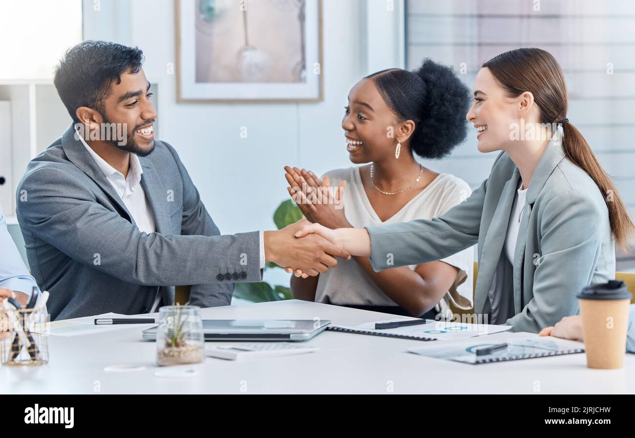 Success handshake, b2b partnership deal and client agreement of ...