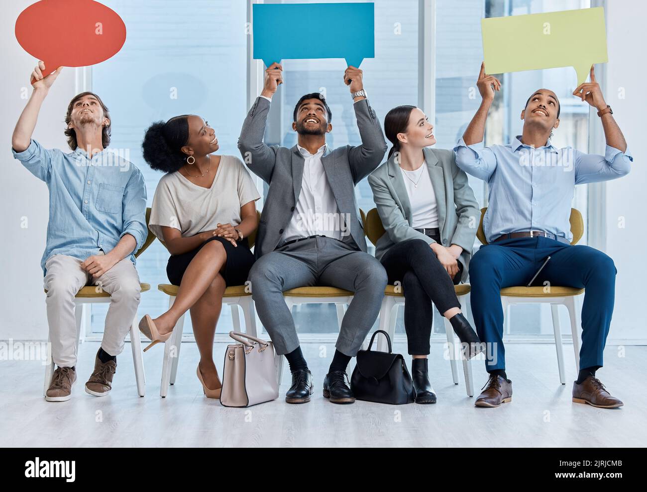 Social media, speech bubble and mockup space with people in a line for ...