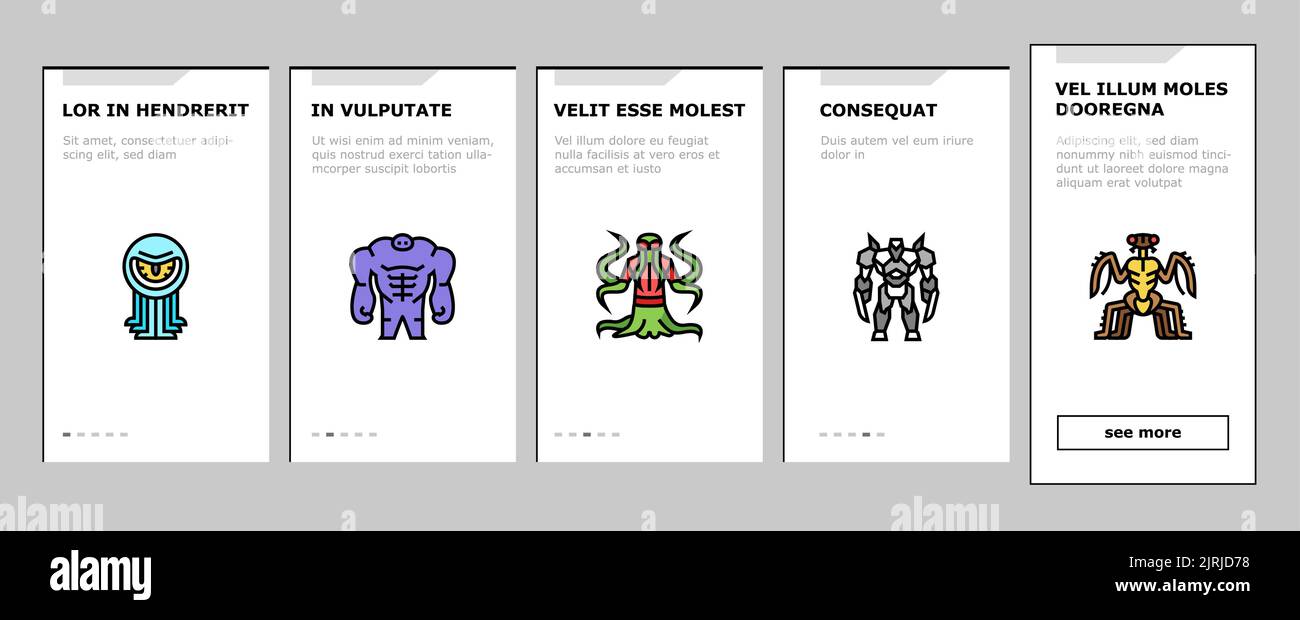 Monster Scary Fantasy Characters onboarding icons set vector Stock ...