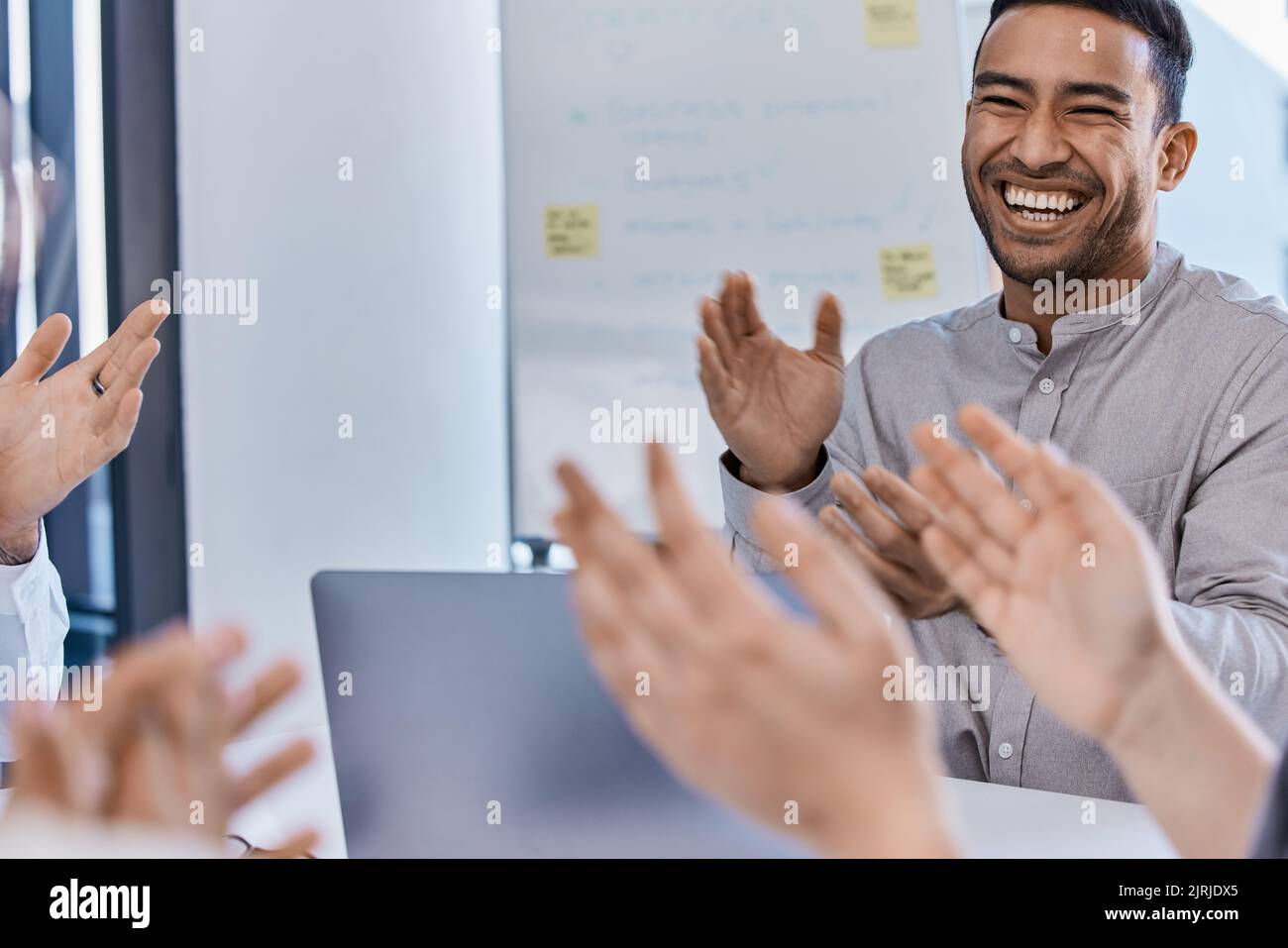 Clapping, workshop or teamwork business meeting with happy creative ...