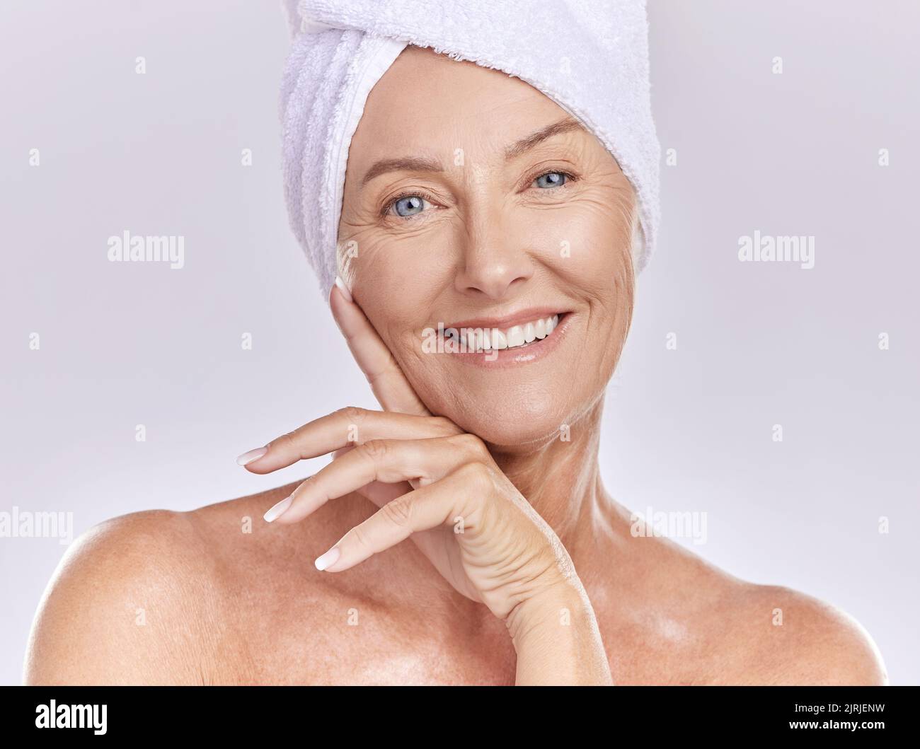 Woman with beauty, skincare and makeup or anti aging face cosmetics routine portrait. Happy and ...