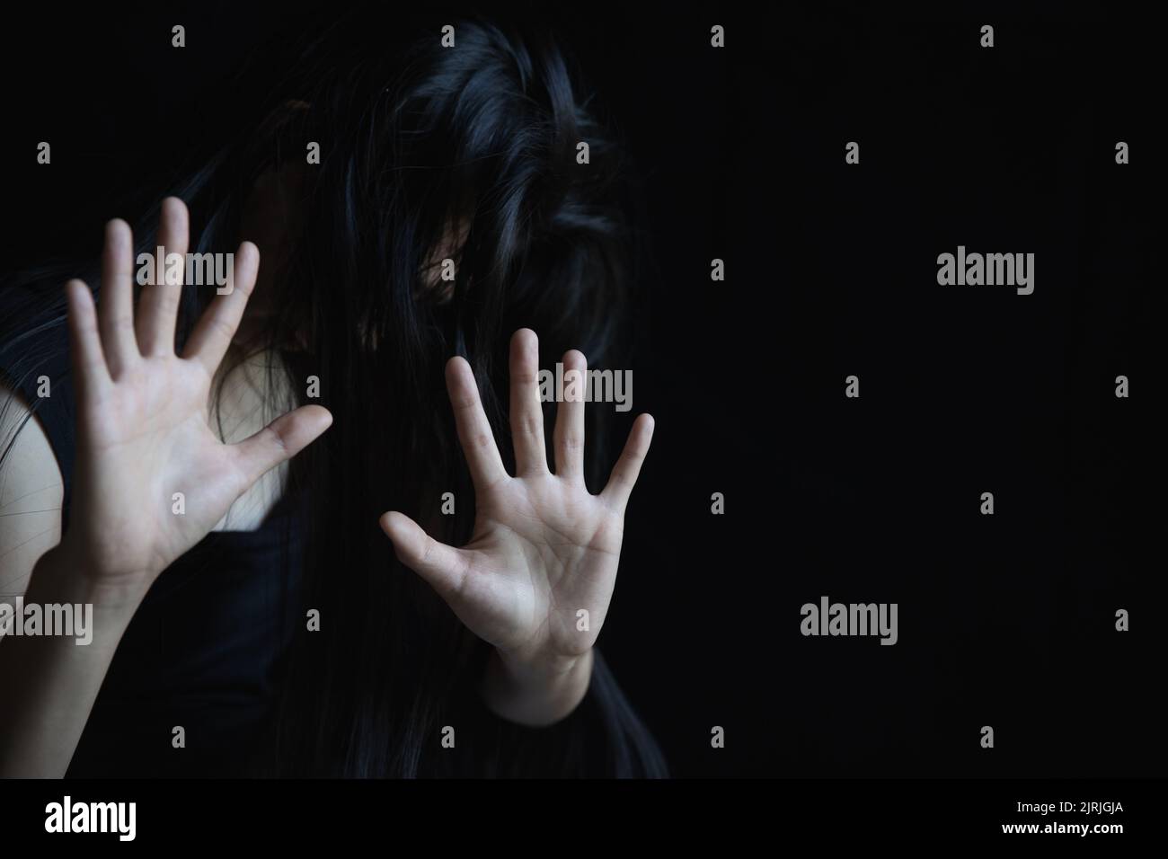 woman making STOP gesture with hand, stop violence against women, human ...