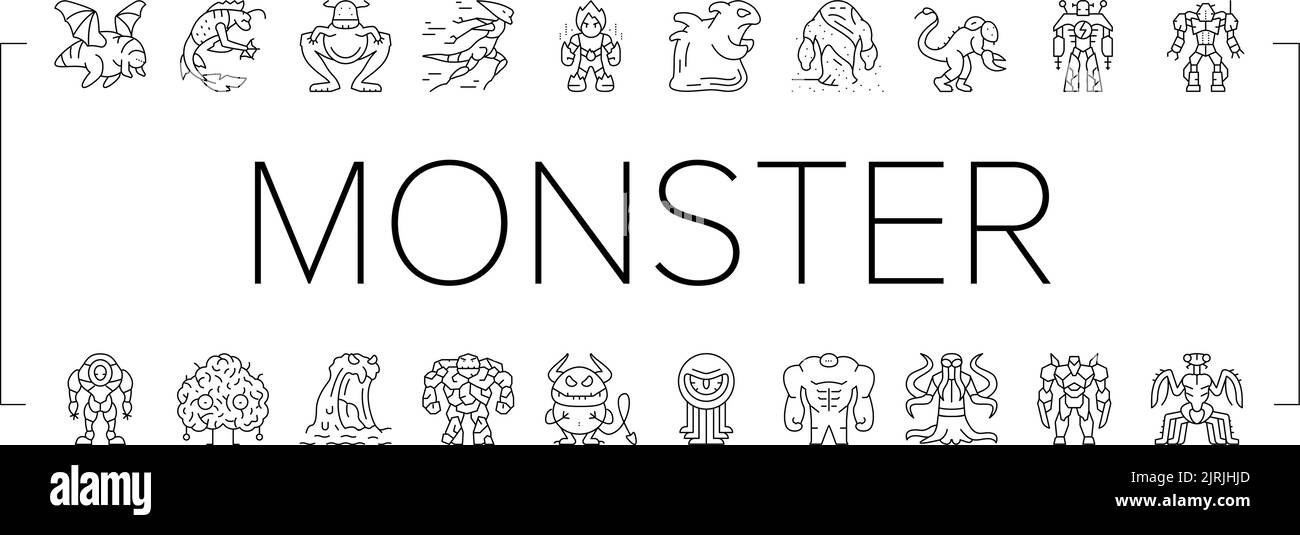 Monster Scary Fantasy Characters Icons Set Vector Stock Vector Image ...