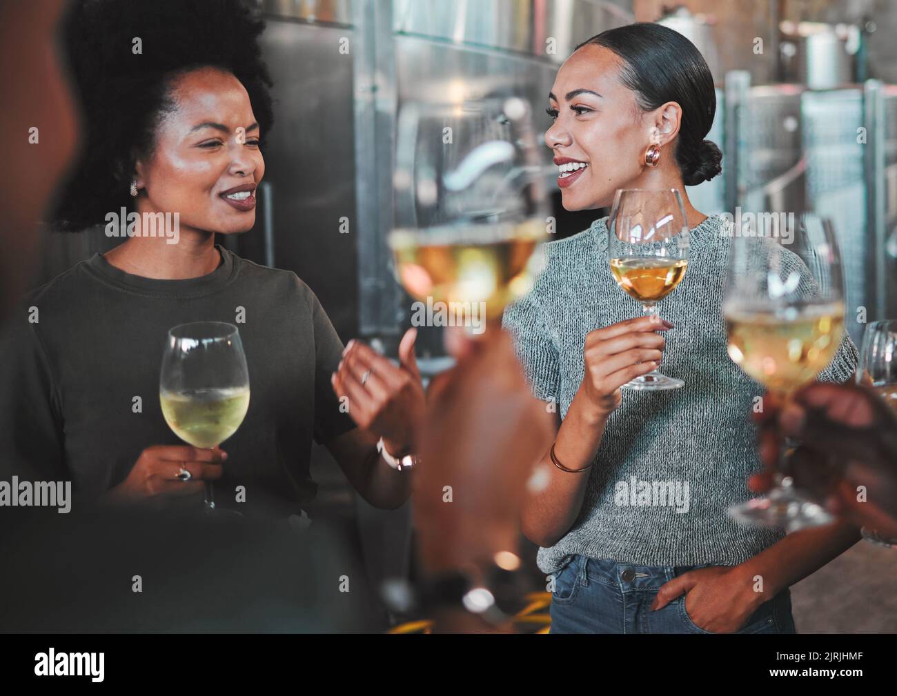 Women diversity and friends wine tasting on countryside farm with ...