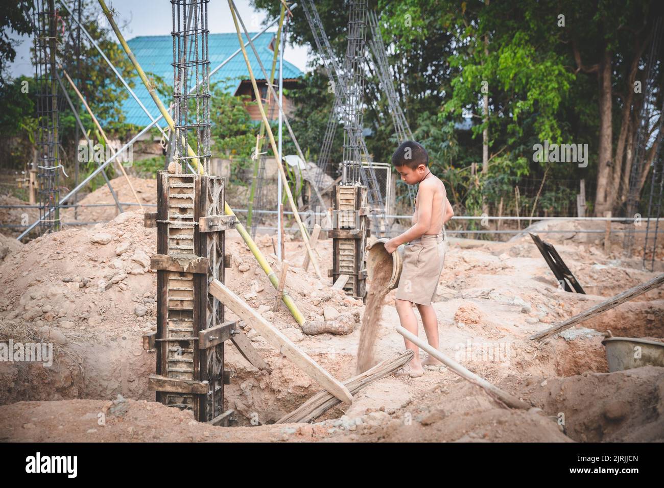 Poor children working at construction site against children labour ...