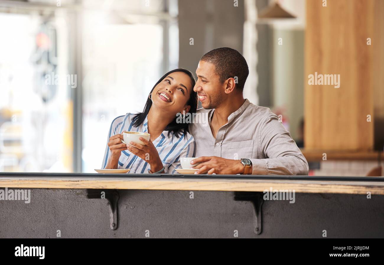 Couple, man and woman at coffee shop love drinking tea on their ...