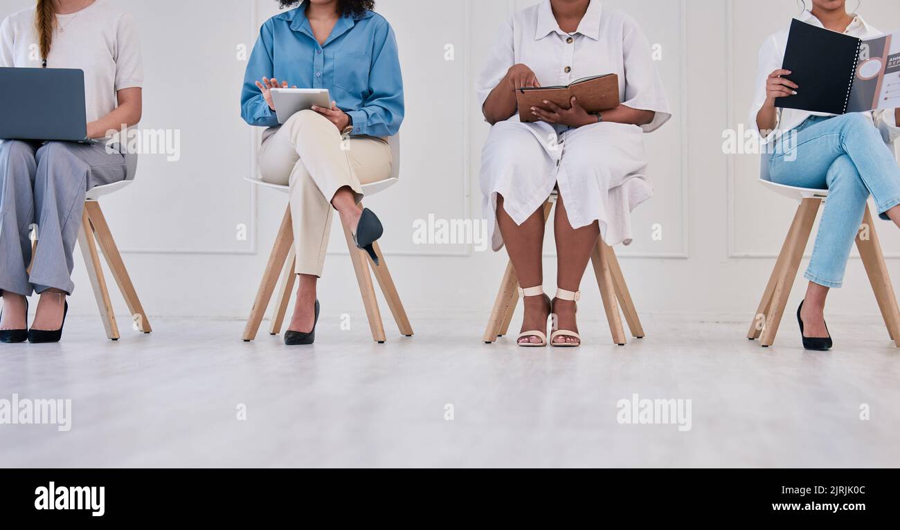 Recruitment, portfolio and business woman using technology for job ...