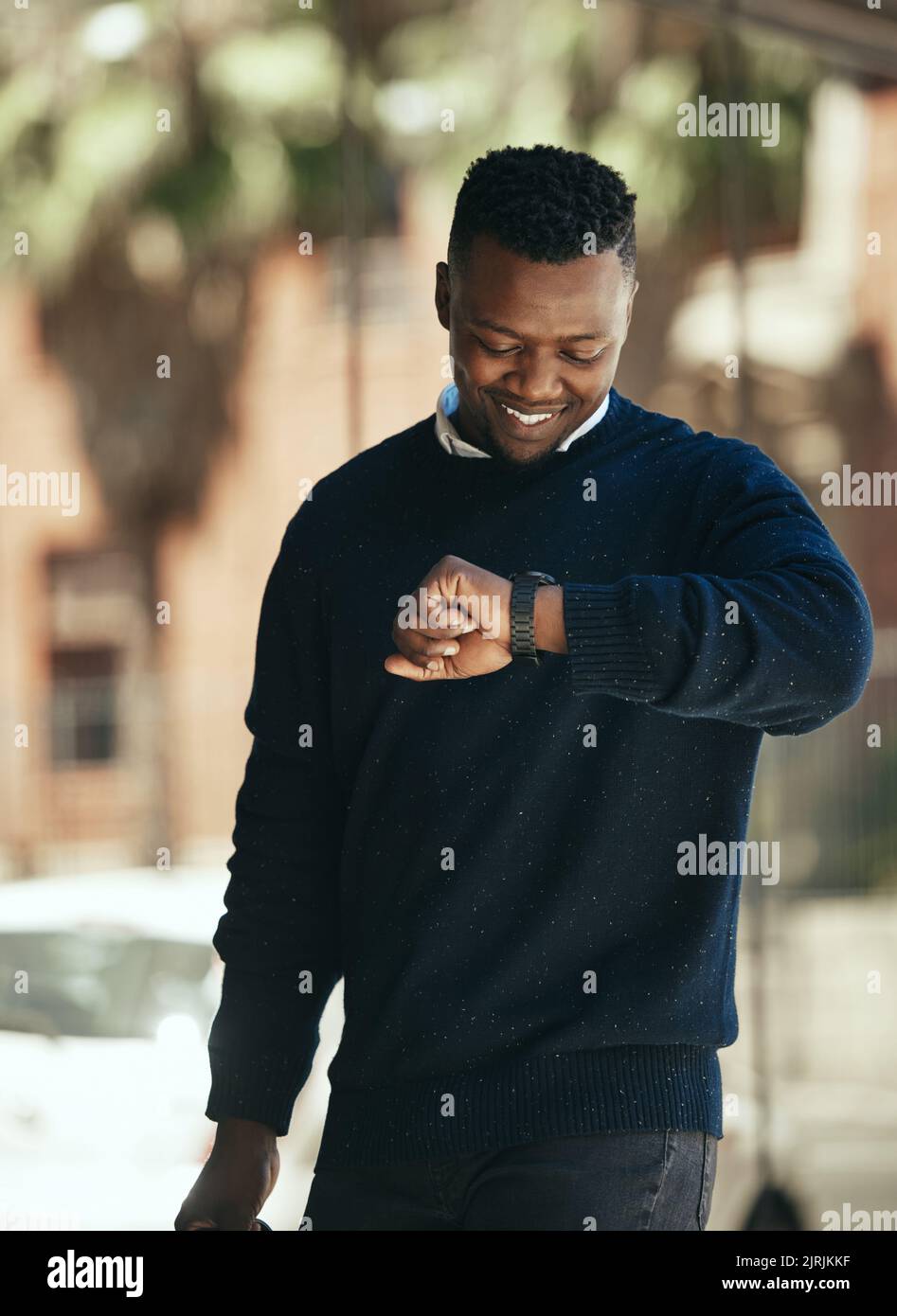 Business man, park and watch timer for return commute to office. Happy ...