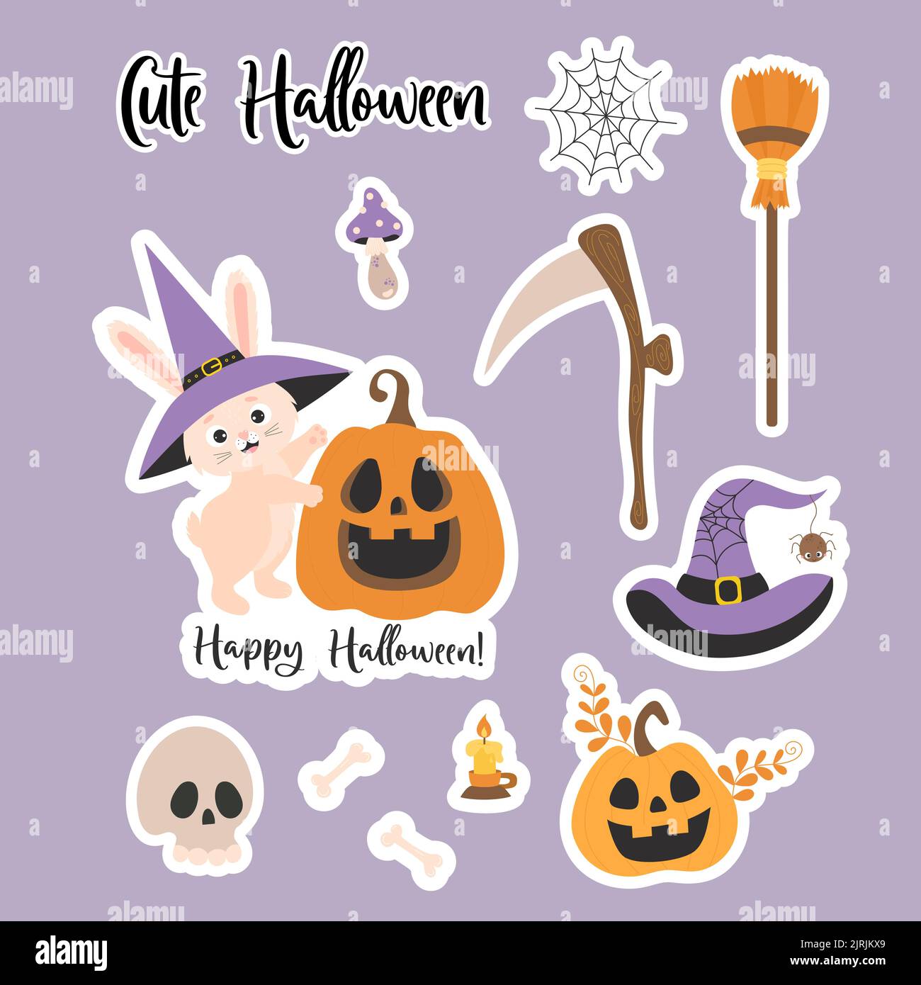Halloween collection vector stickers. Cute rabbit character in witch ...