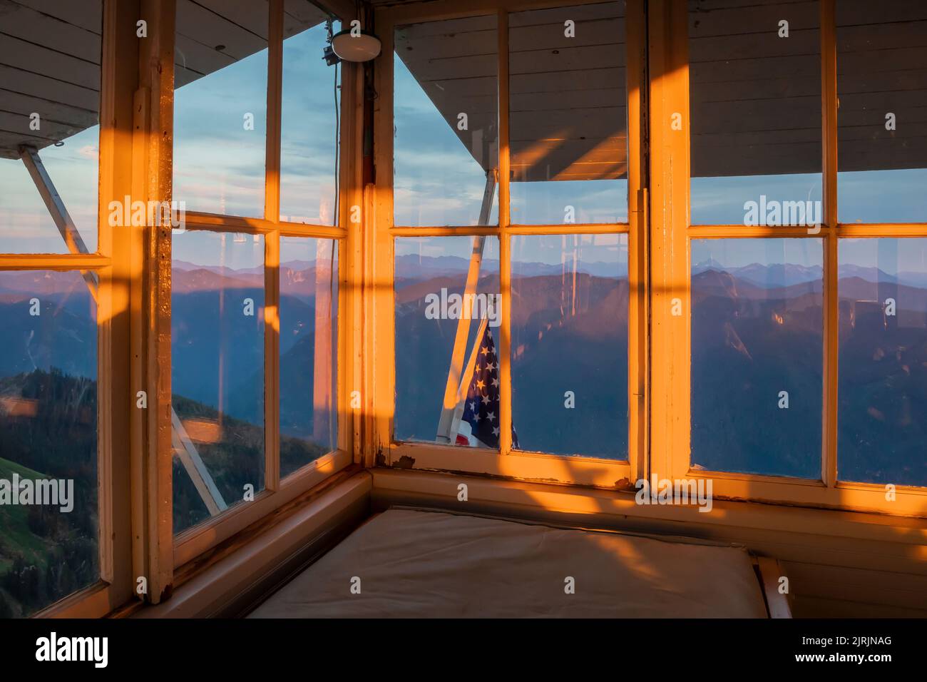 Looking out the windows toward the Cascade Mountains and forest ...