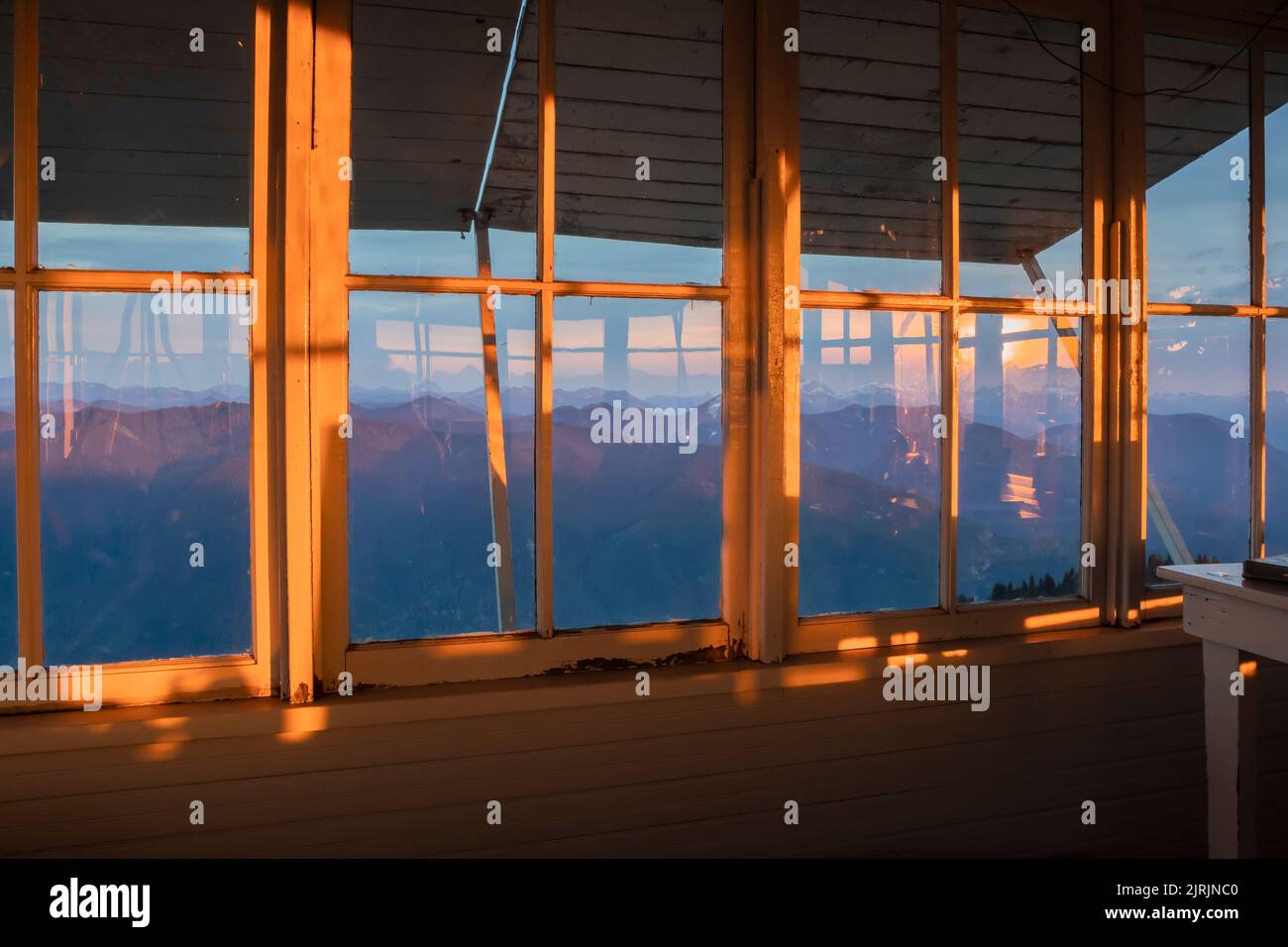 Looking out the windows toward the Cascade Mountains and forest ...