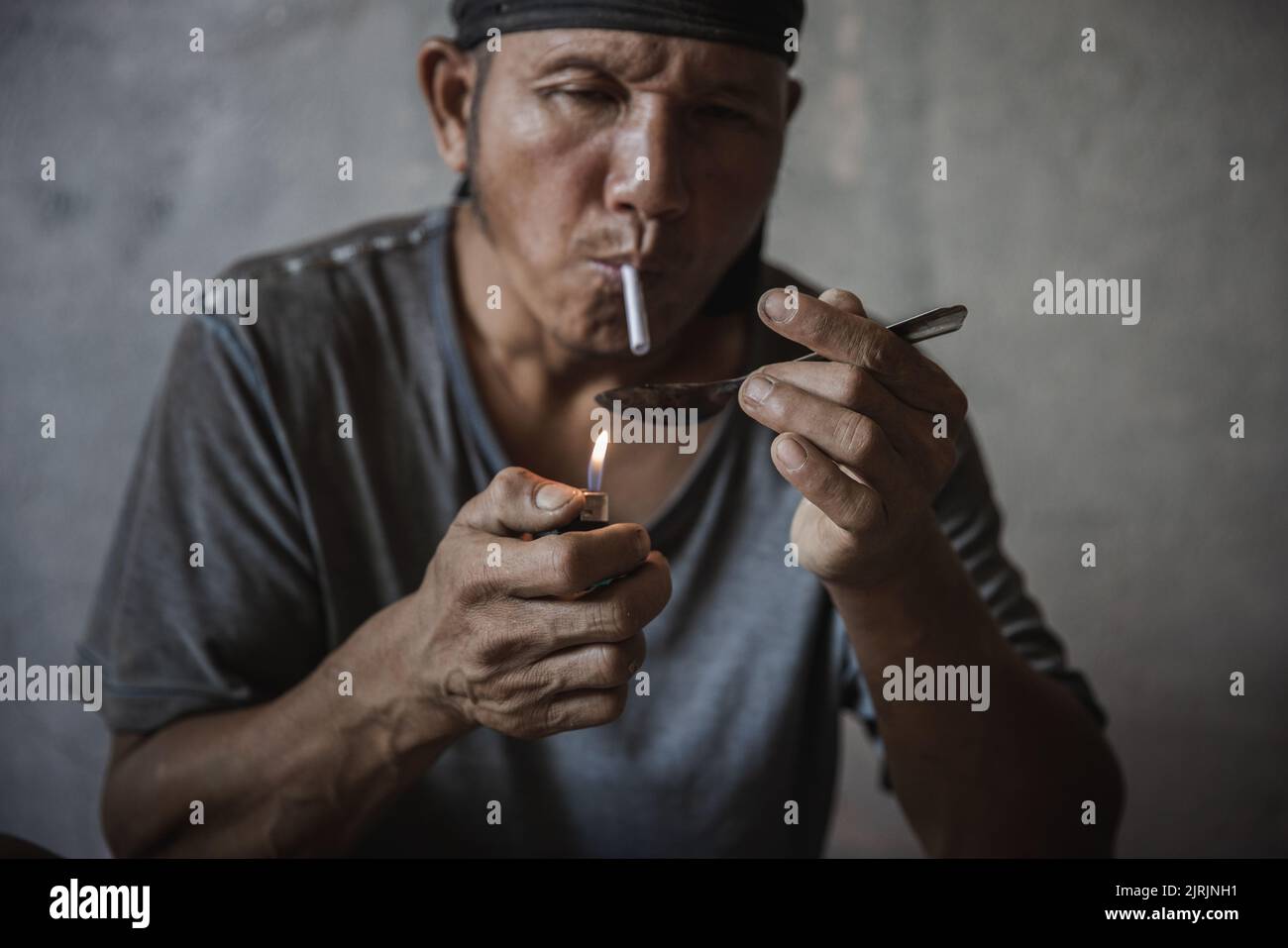 Man taking heroin, cocaine or other narcotic substance, Drug addict man ...