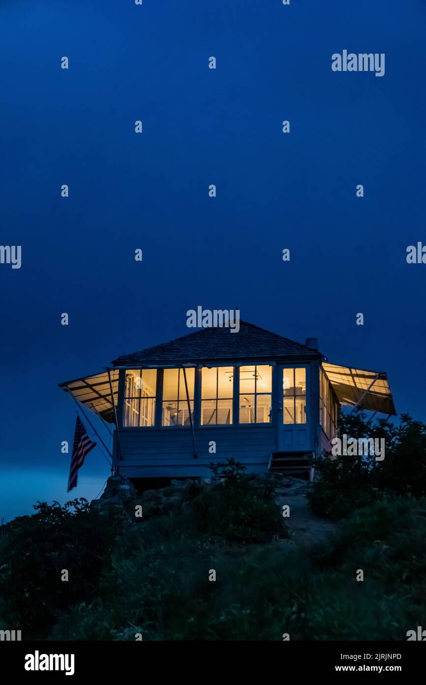 Twilight at Evergreen Mountain Lookout, with visitors renting the ...