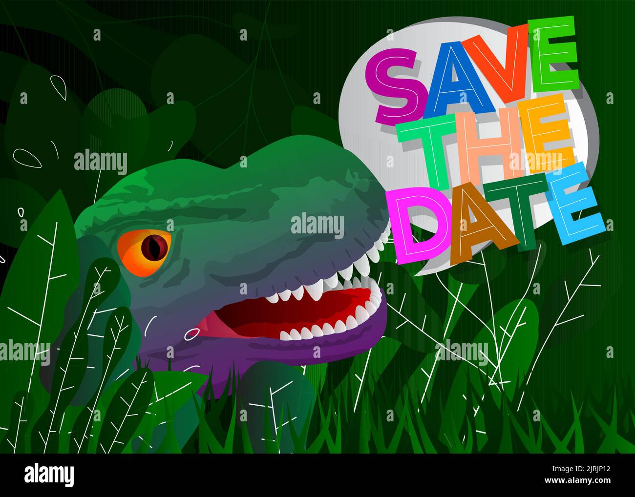 Dinosaur with speech bubble saying Save The Date word. Tyrannosaurus ...