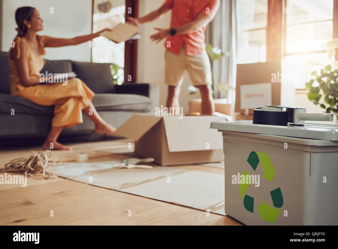 Earth, sustainability and recycling, eco friendly couple in home waste ...