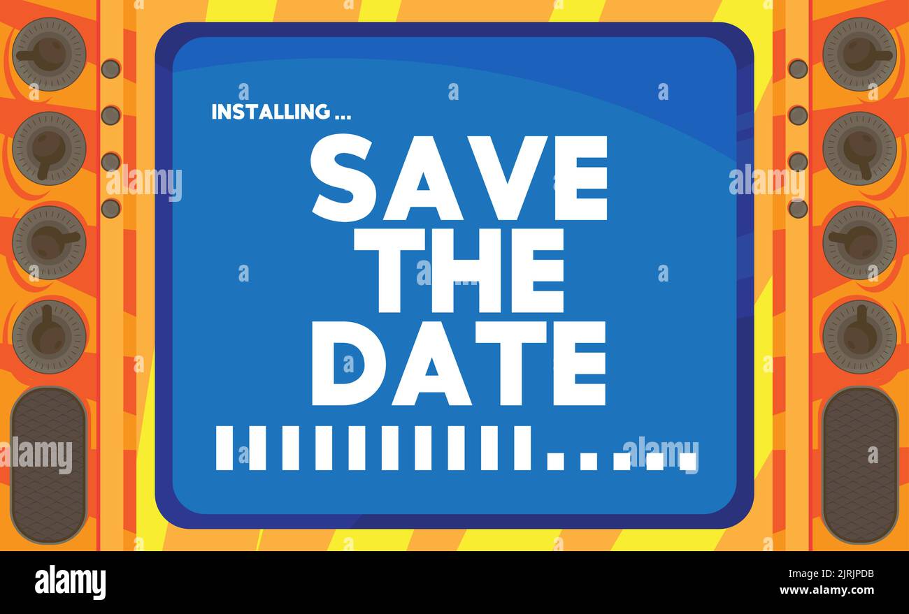 Cartoon Computer With the word Save The Date. Message of a screen ...