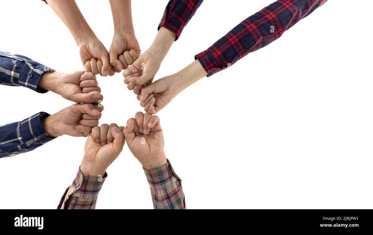 Business team reaching out to each other isolated on white background ...