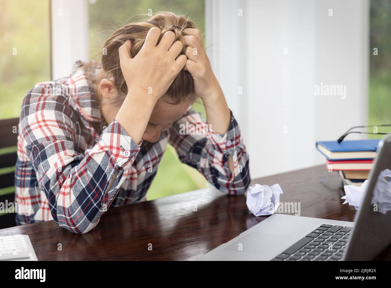 Business Woman Having Headache While Working Using Laptop Computer ...