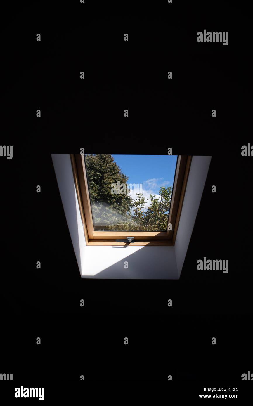 Closed roof window skylight. View of the sky and trees from the window ...