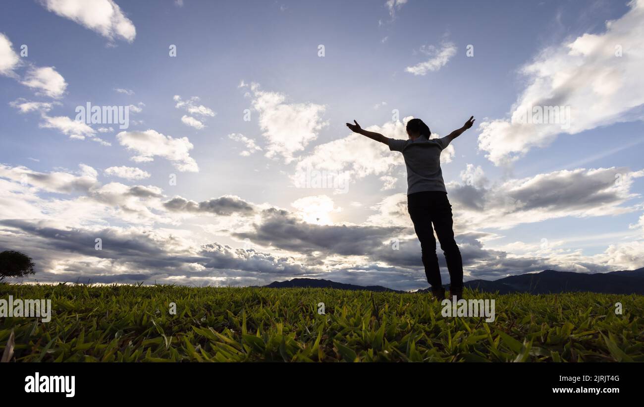 A woman raising her arms at sunset. A young woman at sunset raises her ...