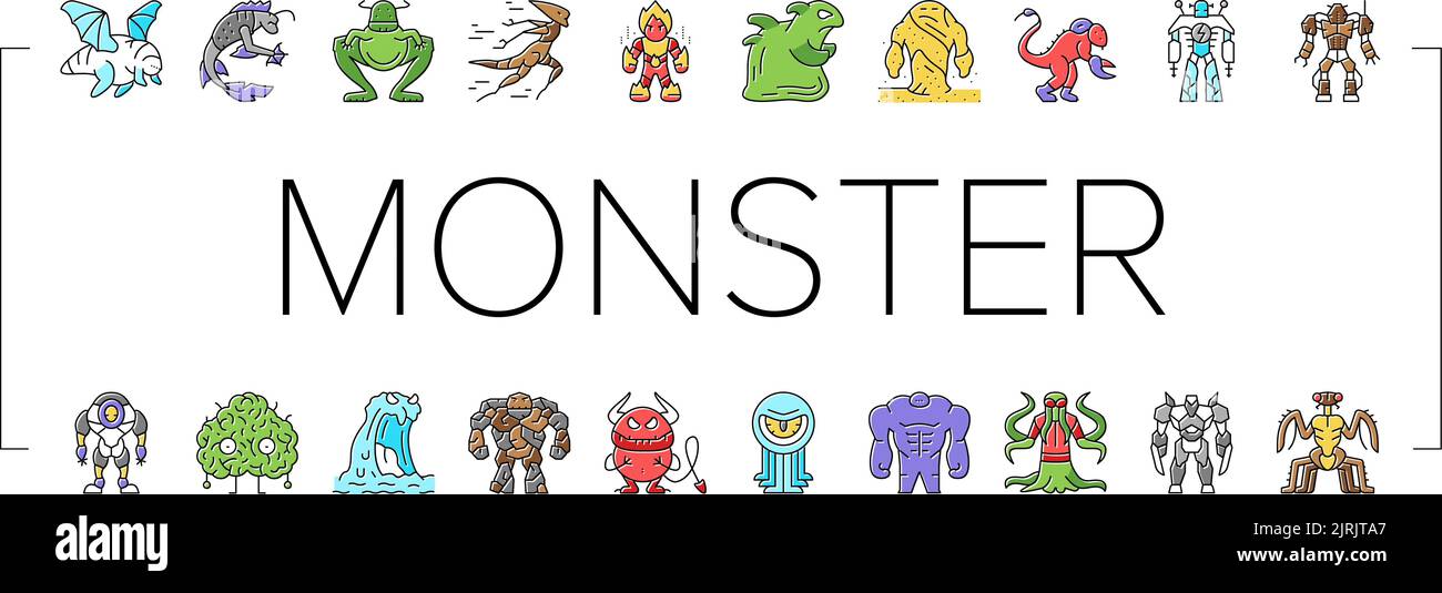 Monster Scary Fantasy Characters Icons Set Vector Stock Vector Image ...
