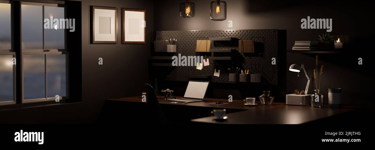 Modern stylish dark office workspace at night with laptop mockup and ...