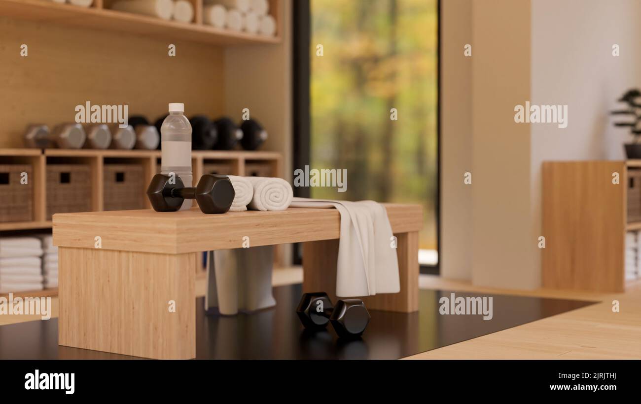 Cozy minimal fitness gym in wood material interior design with ...
