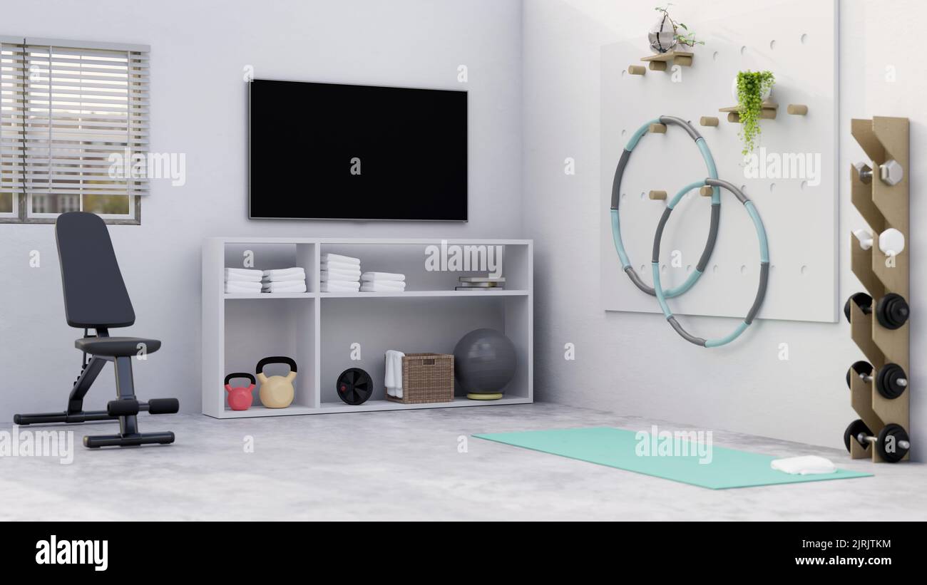 Modern minimal home fitness gym interior design with bench, hola hoop ...