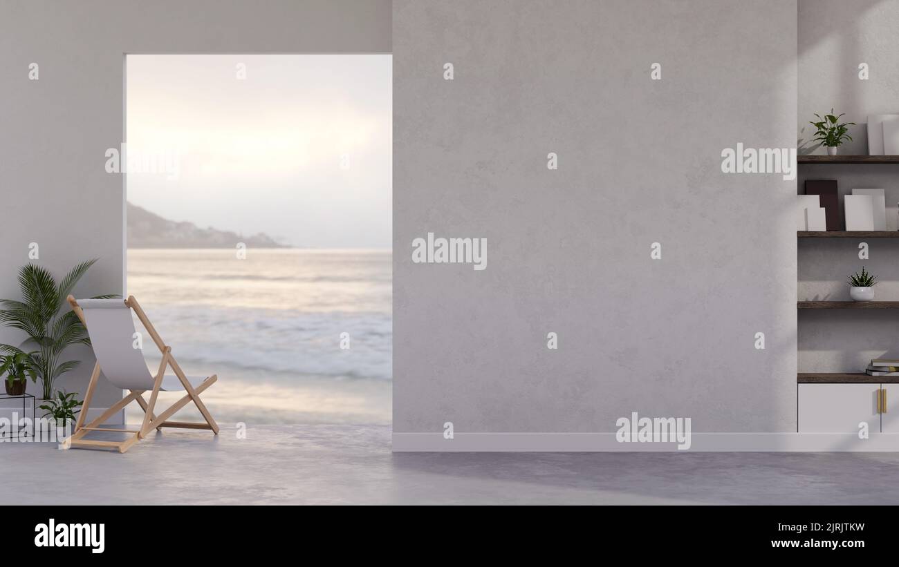 Modern white contemporary beach house interior design with beach chair ...