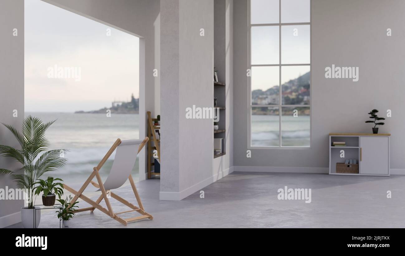 Modern white contemporary beach house interior design with beach chair ...