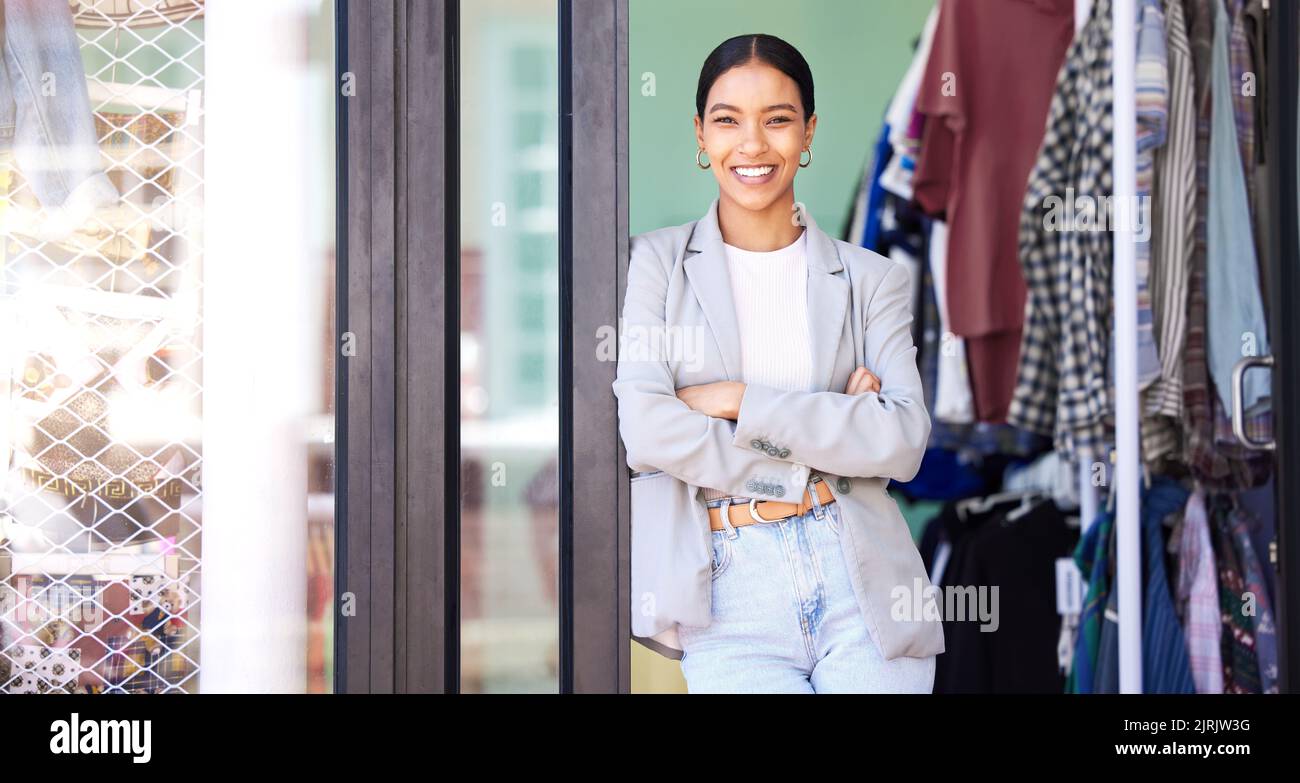 Happy, success and motivation mindset of a business woman retail shop ...