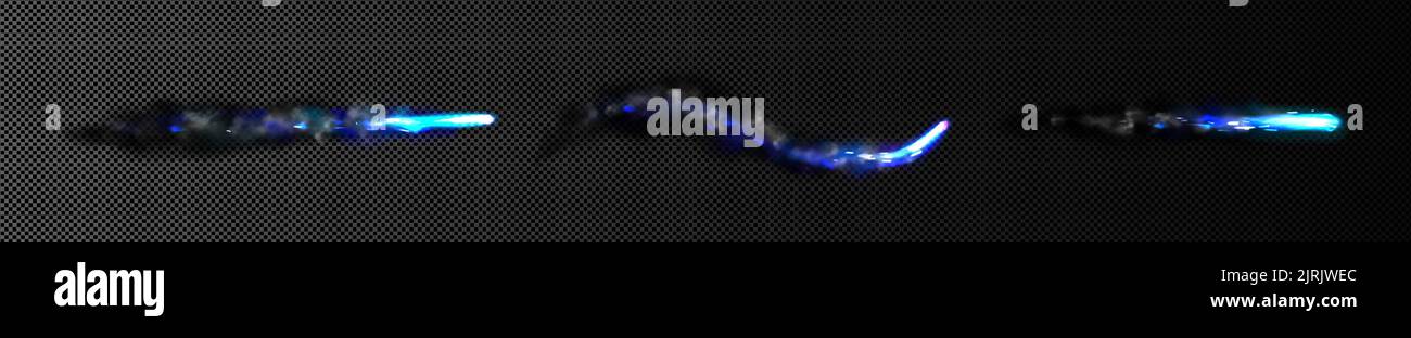 Blue fire trail of flying comet, rocket or missile isolated on ...