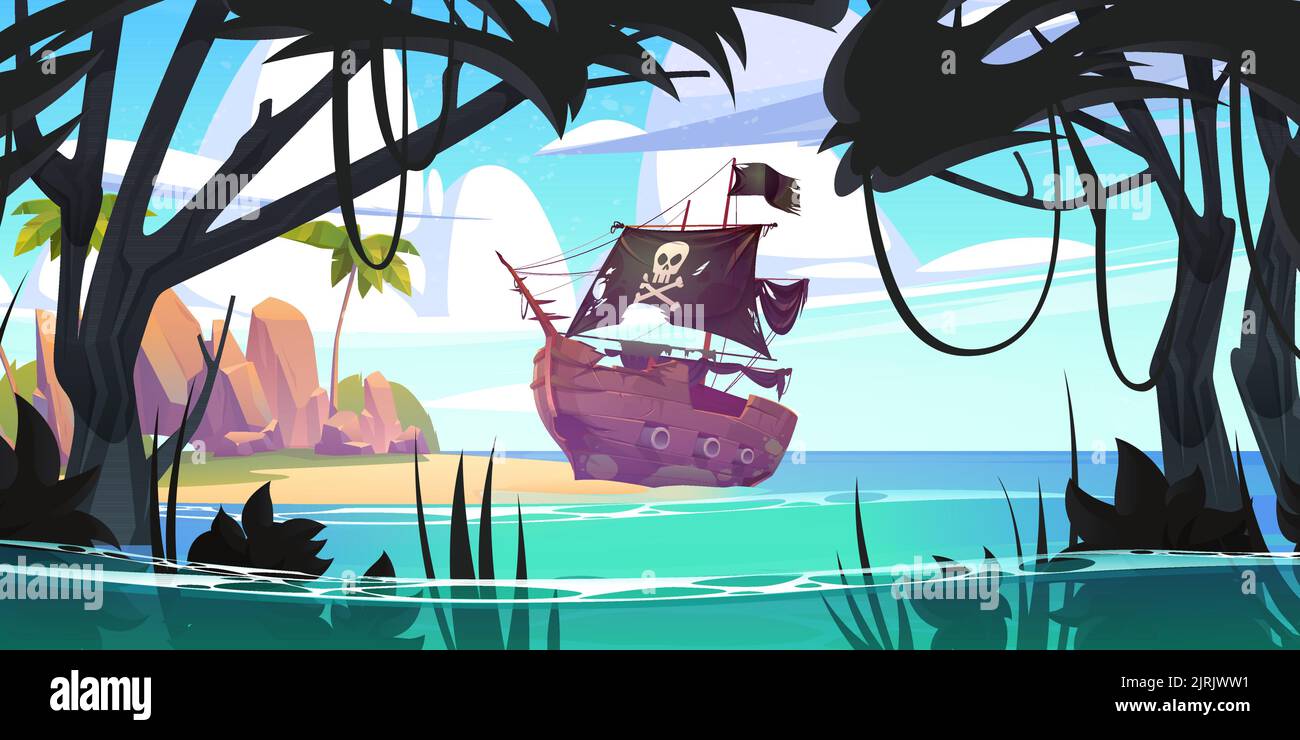 Pirate ship on tropical island, old filibuster boat with black sails ...