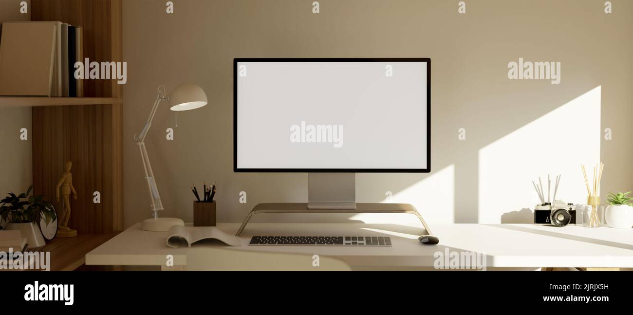 Cozy minimal white home office workspace interior design with modern PC ...