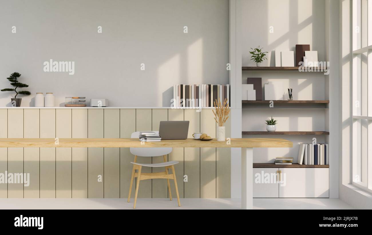 Minimal and comfortable white home working room or office interior ...