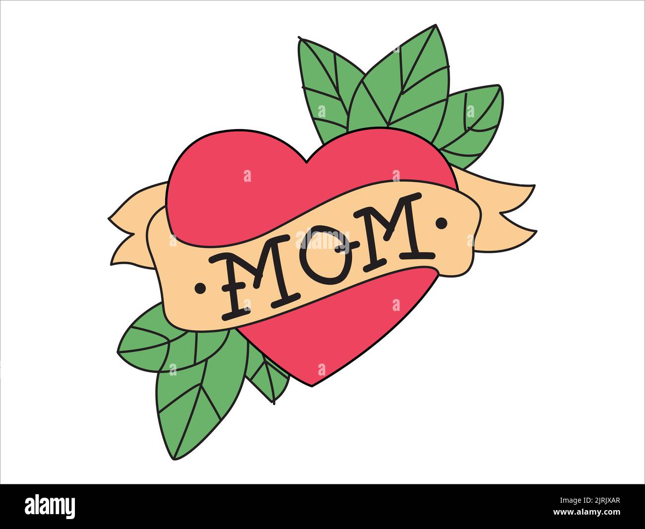 Red Heart with green leaves and a ribbon with the wording MOM. Retro ...