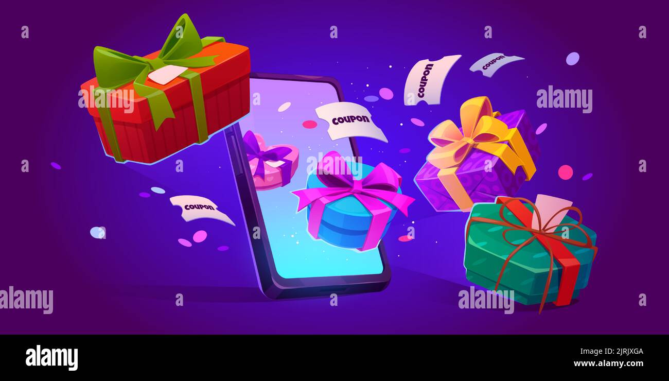 Mobile phone with gift boxes and coupons flying out of screen. Big ...