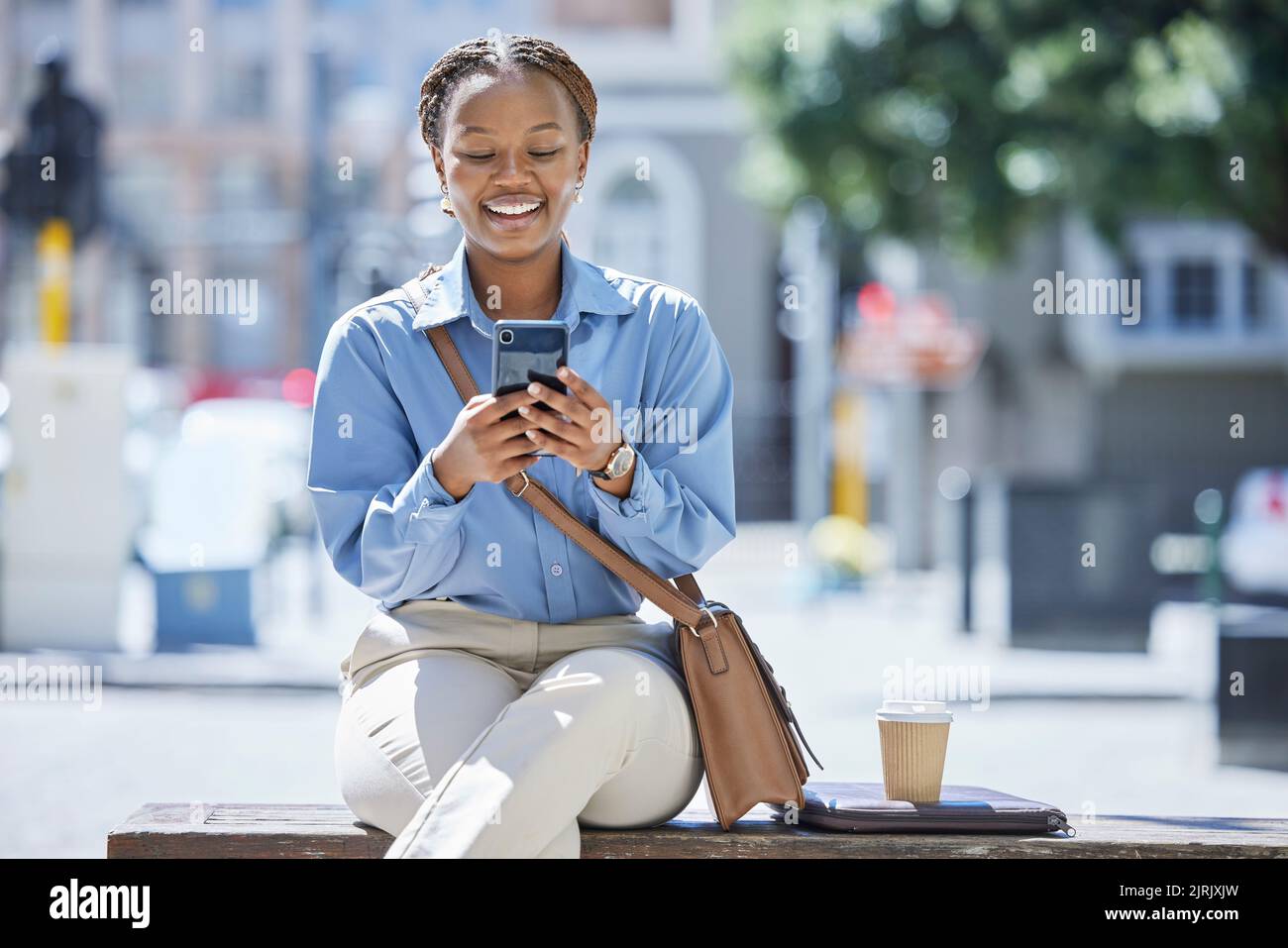 Phone, social media break and funny woman smile looking at a phone busy ...
