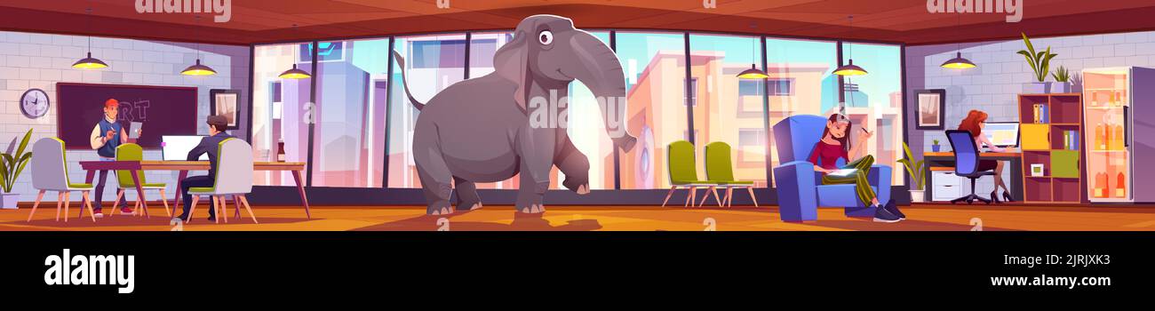 Elephant in office with working businesspeople. Company employees, work ...