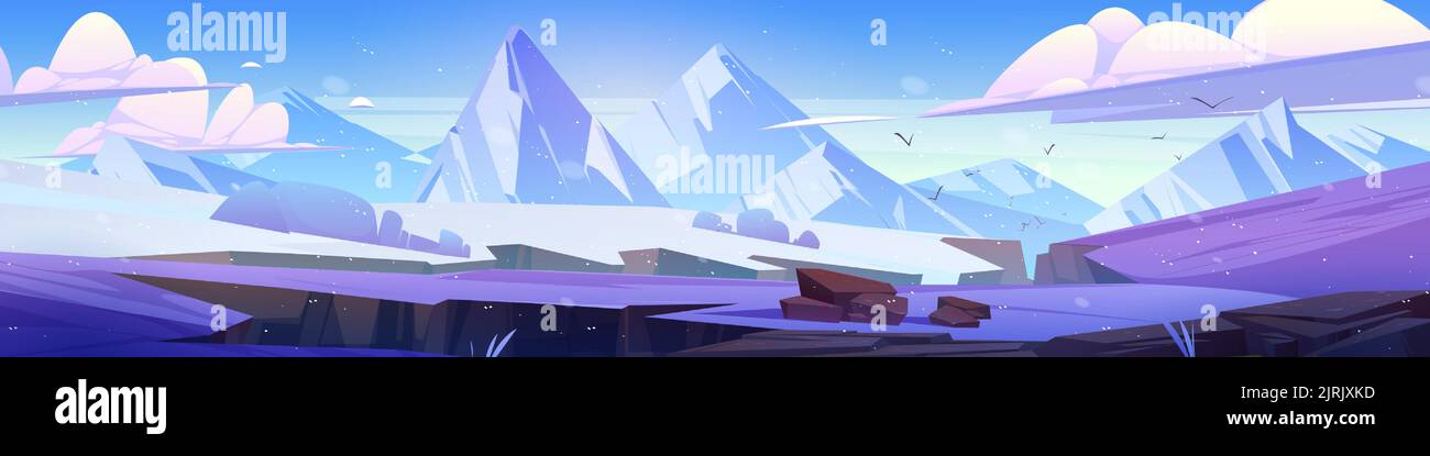 Winter scenery with mountains, snow and land cracks. Nature landscape ...