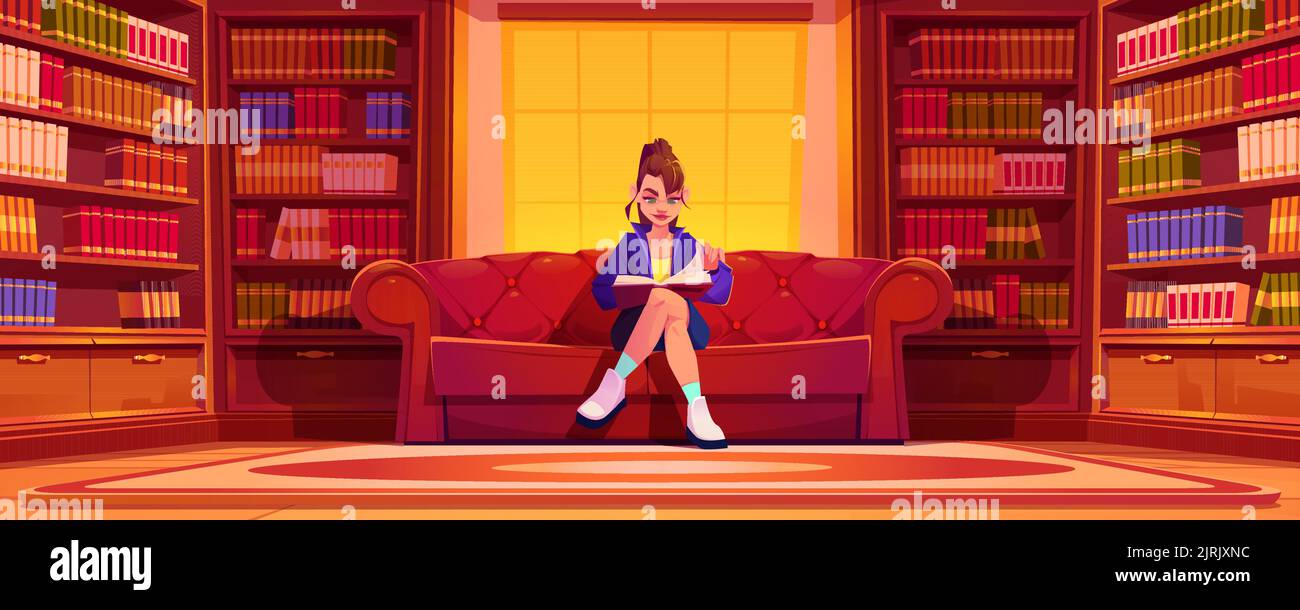 Young woman reading book in library at home or university. Thoughtful ...