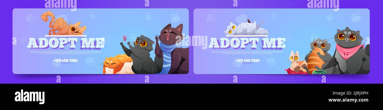 Set of adopt me cartoon banners with cats. Vector illustration of ...