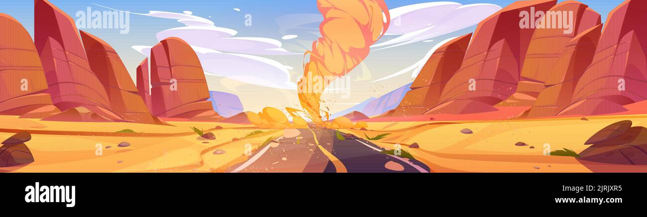 Tornado at desert road cartoon nature landscape. Wind storm with air ...