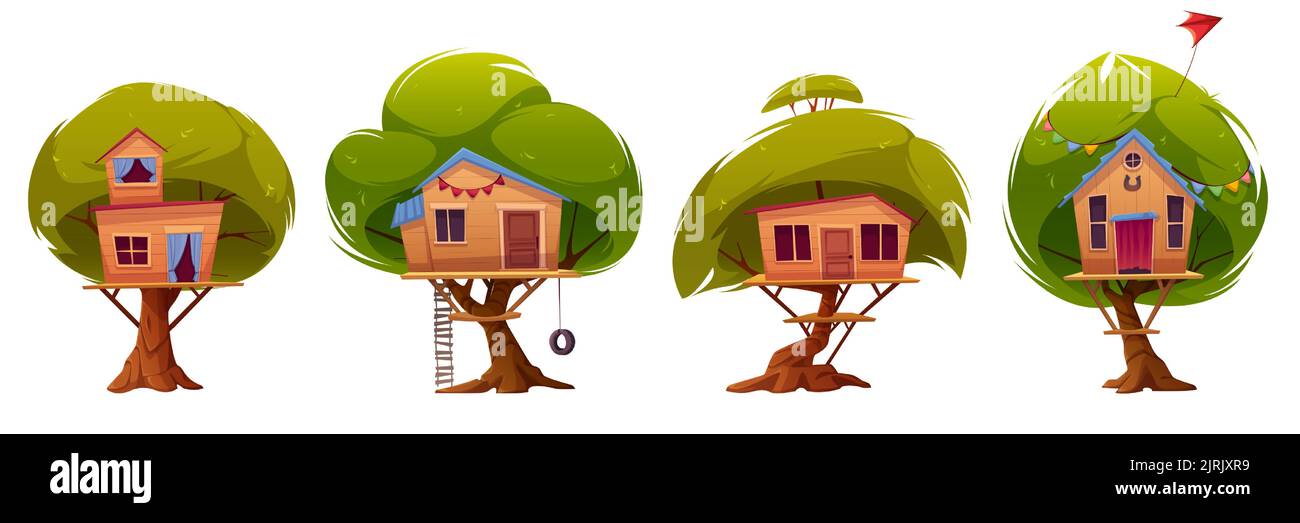 Tree houses or huts isolated set on white background. Wooden ...