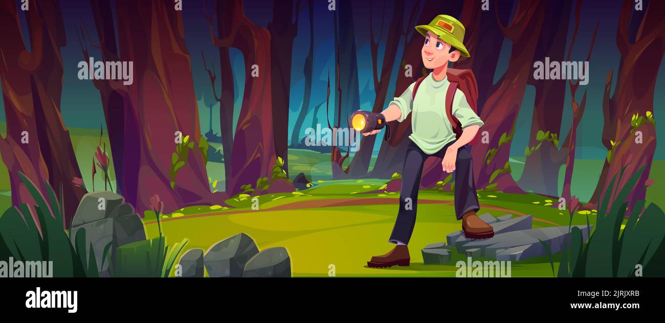 Traveler with flashlight and backpack in night forest. Tourist at dark ...